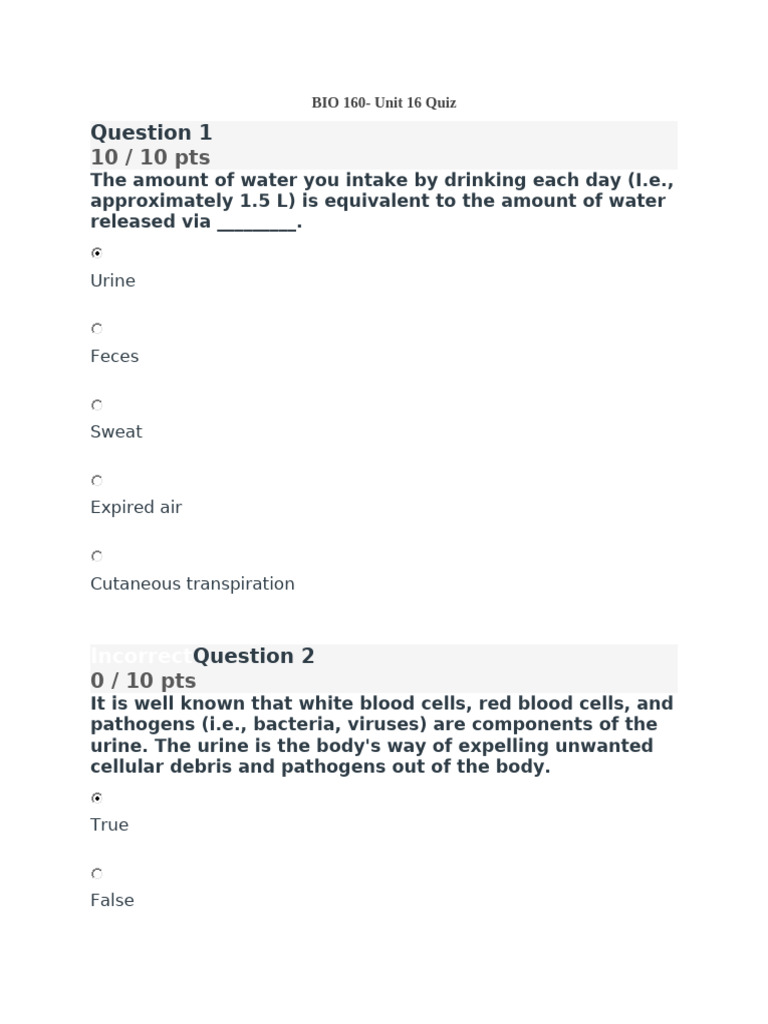 BIO 160 - Unit 16 Quiz | PDF