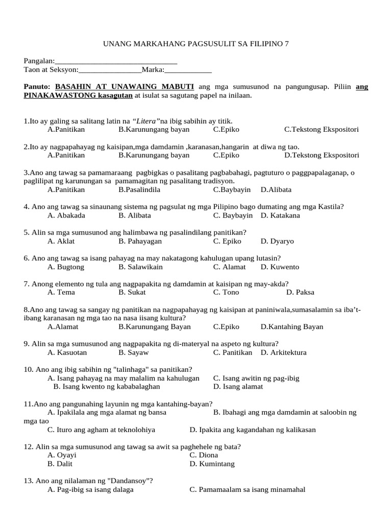Fil q1 Exam | PDF