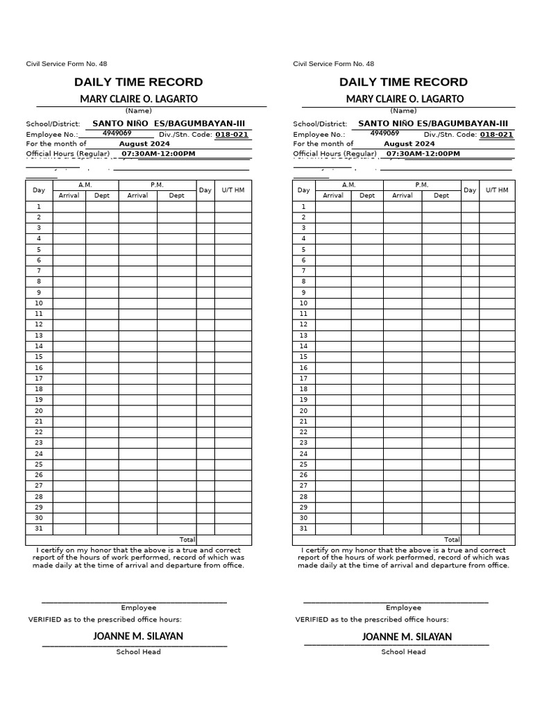 CSC Form 48 DTR Template | PDF