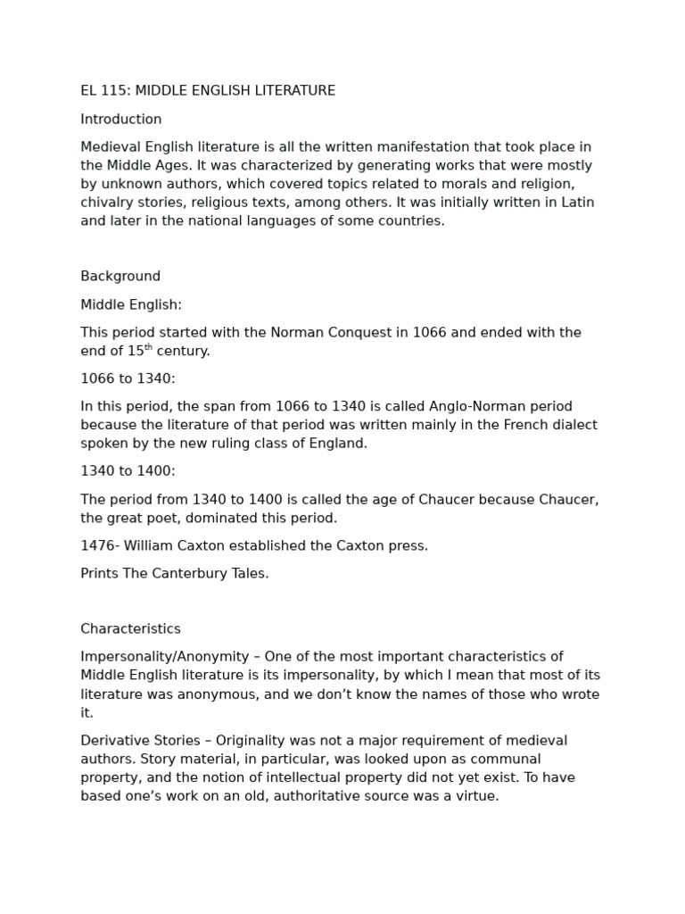 El115 Middle English Litersture | PDF | King Arthur | Middle English ...