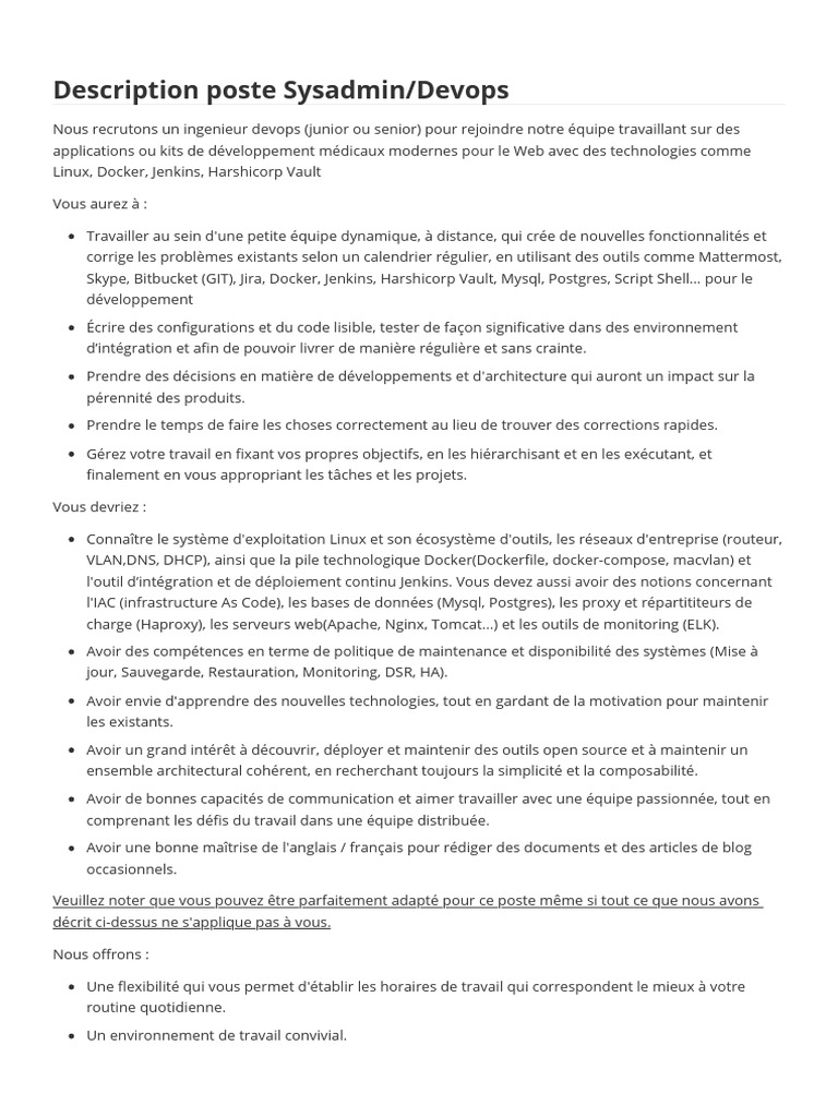 Description Poste Sysadmin-Devops | PDF