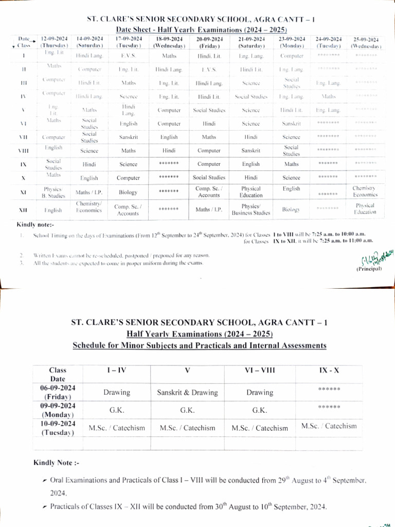 Half Yearly Examination Date Sheet (1 To 12) 2024-25 | PDF