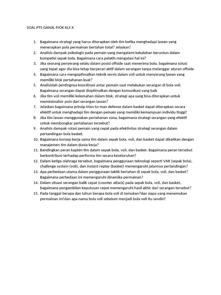 SOAL PTS GANJIL PJOK KLS X Bang Zul | PDF