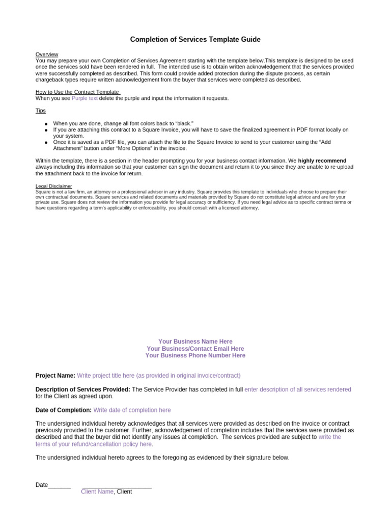 Template Completion of Services | PDF