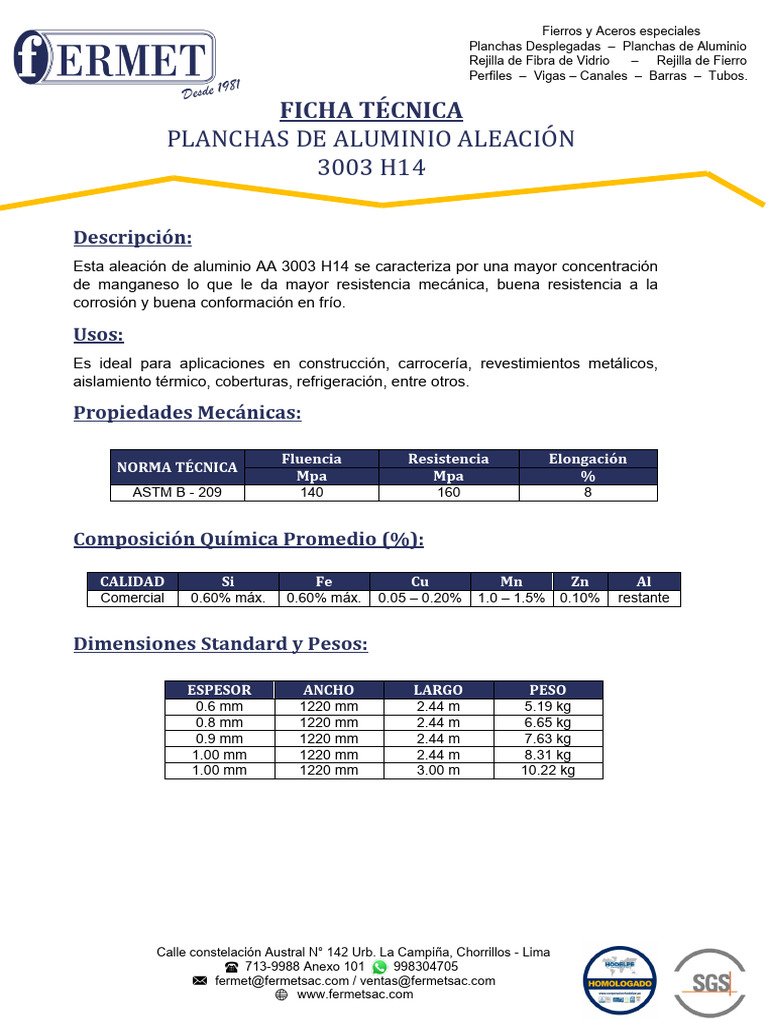 Ficha Tecnica Planchas de Aluminio | PDF