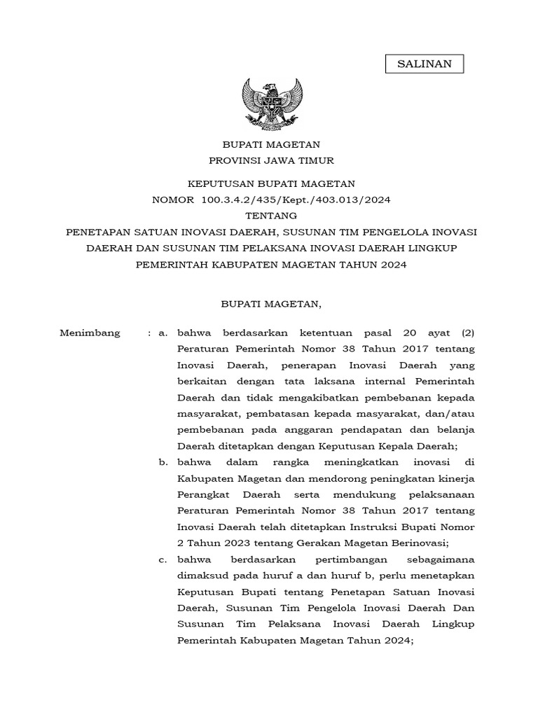 SK Bupati Satuan Inovasi Daerah 2024 | PDF