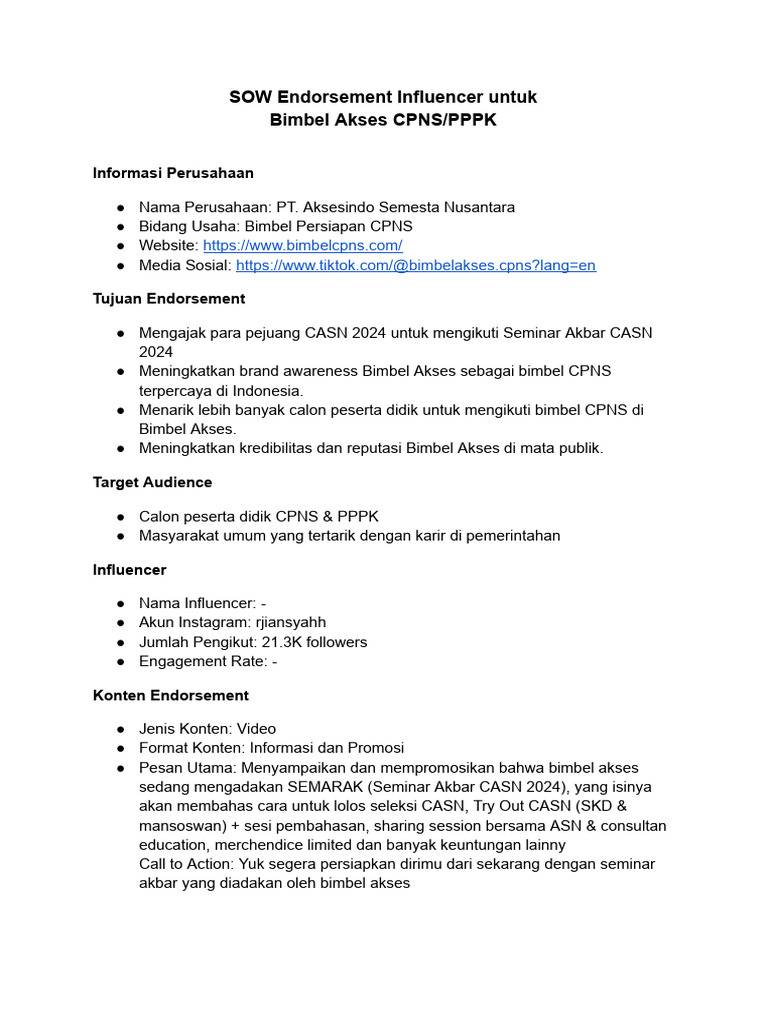 SOW Endorsement Kak Rjiansyahh | PDF