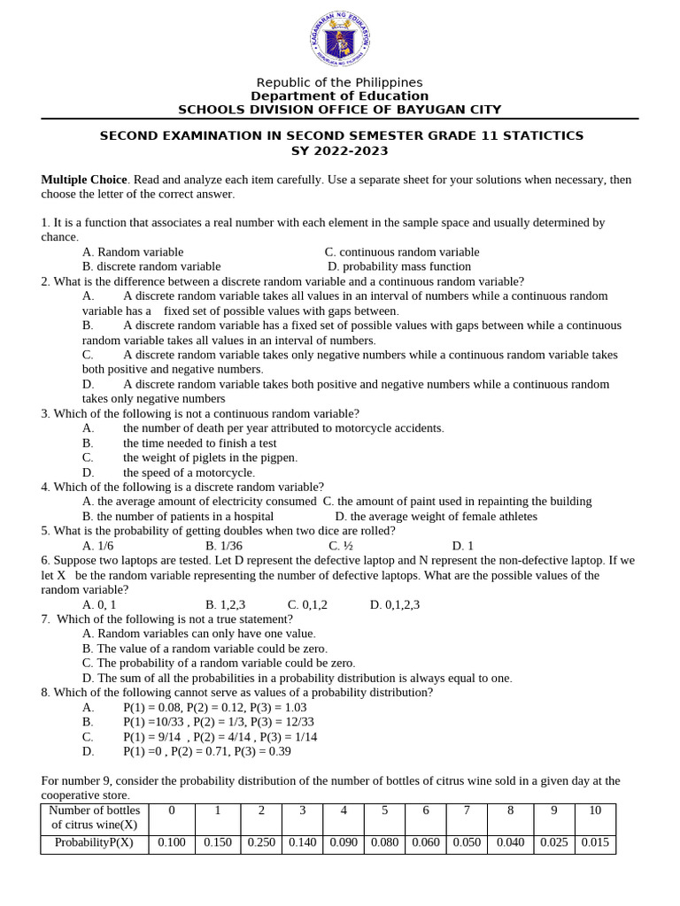 2nd Sem General Mathematics 3RD-EXAM-STAT | PDF