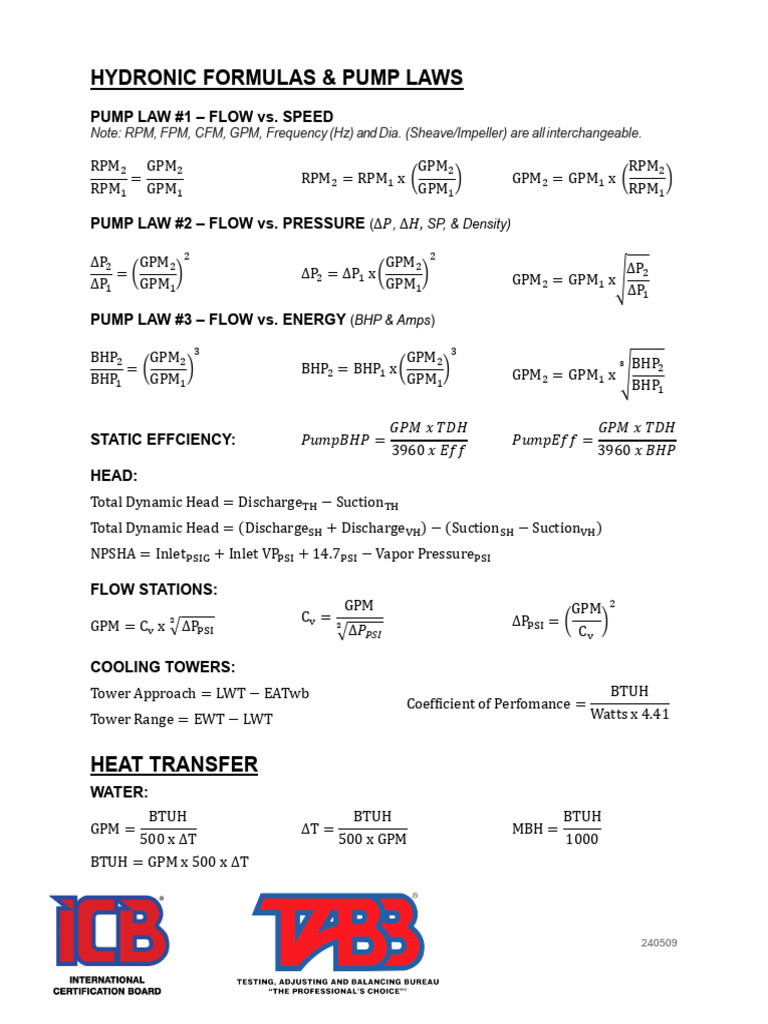 NEMIC - TABB Hydronic Formula Sheet | PDF