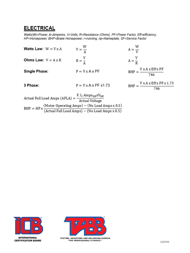 NEMIC - TABB Electrical Formula Sheet 240509 | PDF