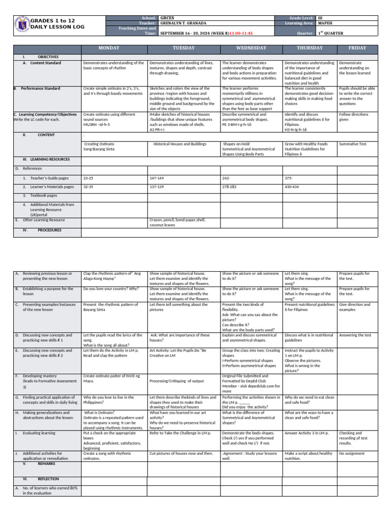 DLL - Mapeh 3 - Q1 - W8 | PDF