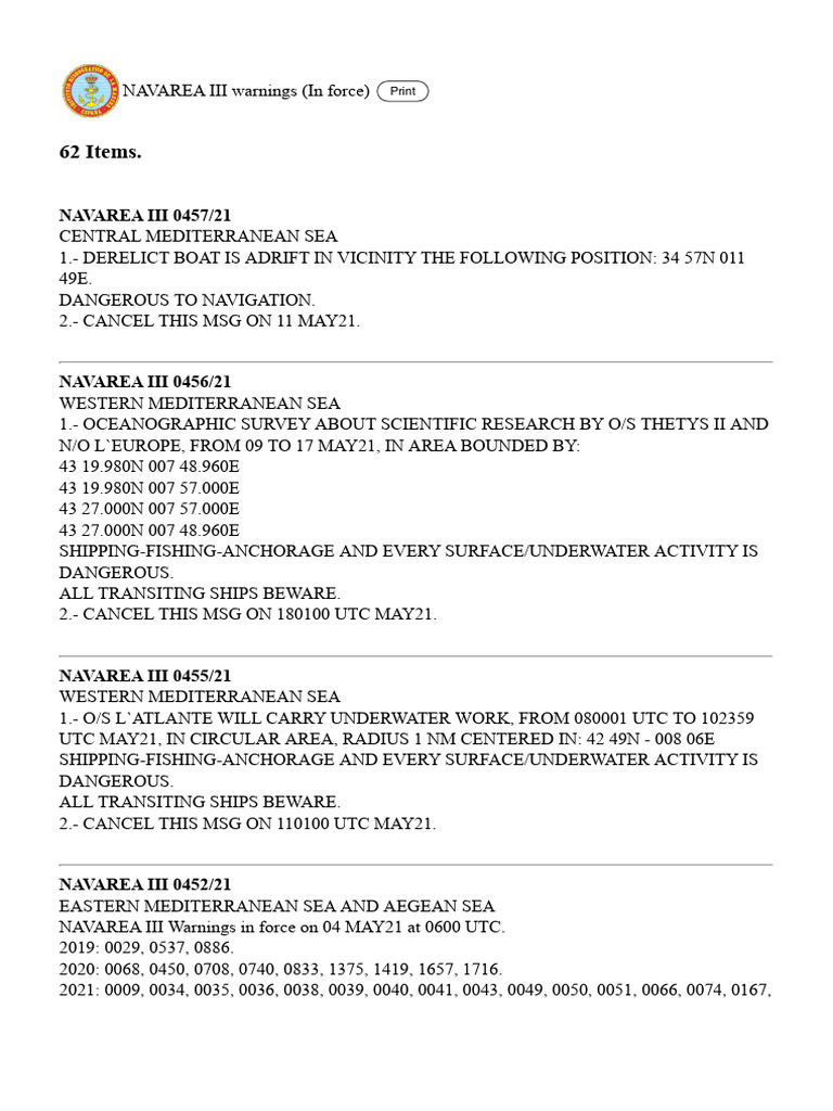 NAVAREA III Warnings (In Force) Selected | PDF