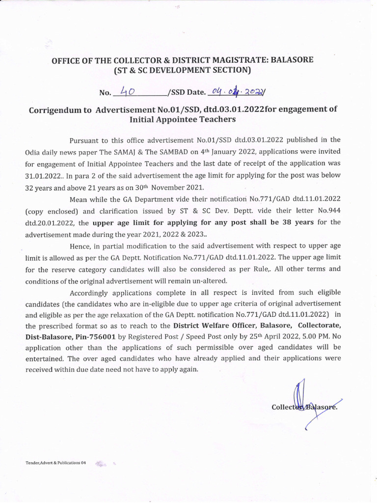 Notification Balasore District Initial Appointee Teacher Recruitment 2022 | PDF