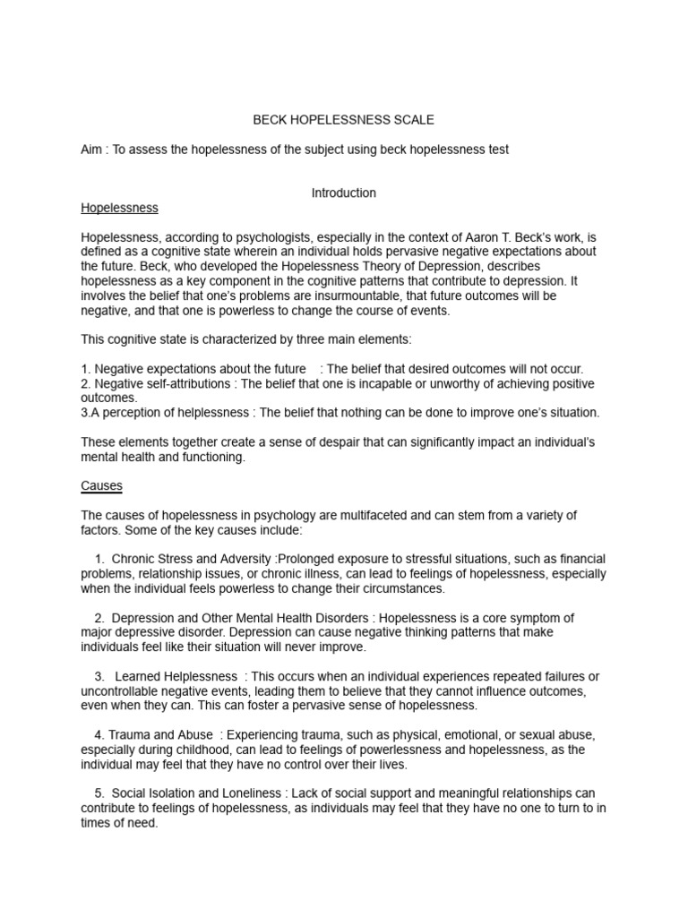 Beck Hopelessness Scale Semester 3 | PDF