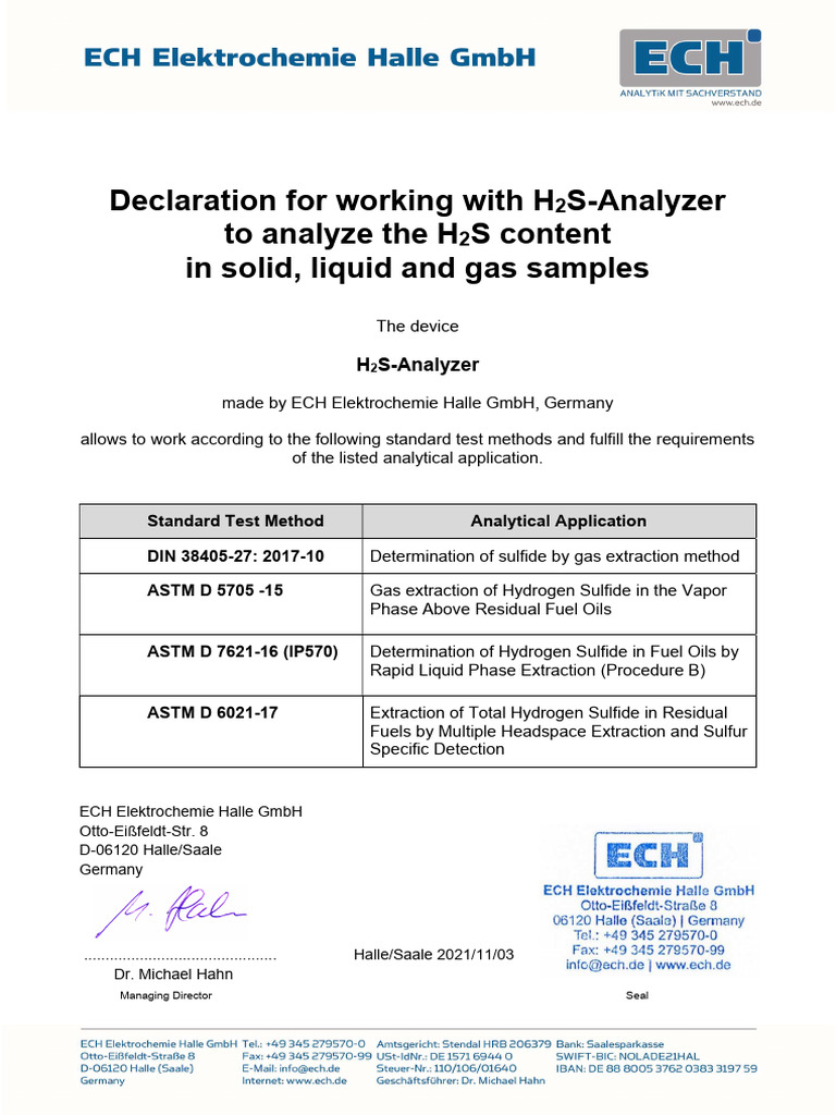 Declaration of H2S-Analyzer - DIN and ASTM methods_23070390 | PDF