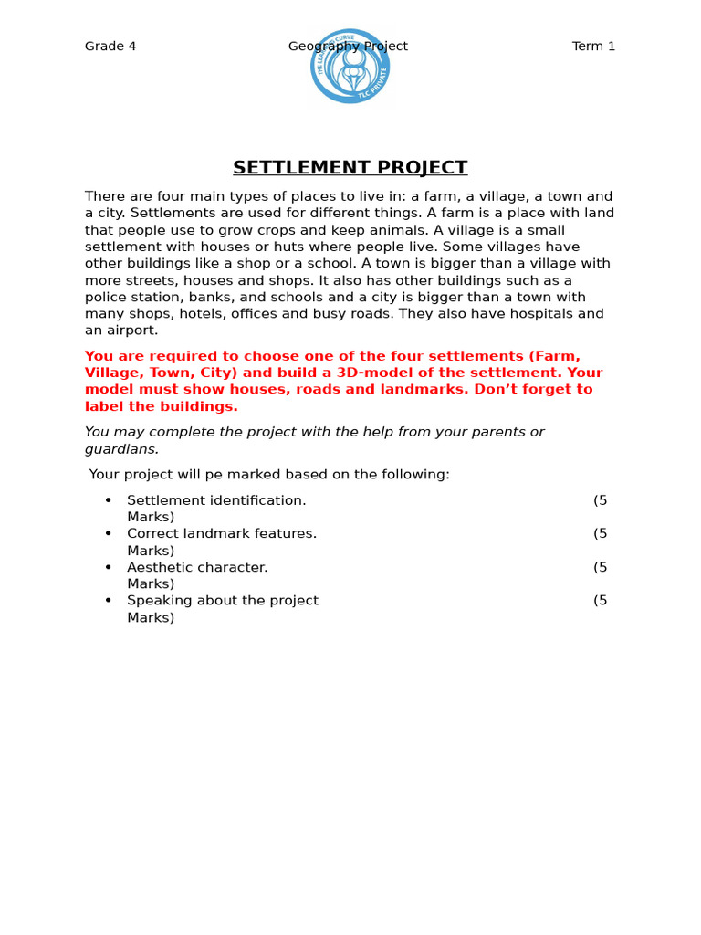 Grade 4 - SETTLEMENT PROJECT (Term 1) | PDF