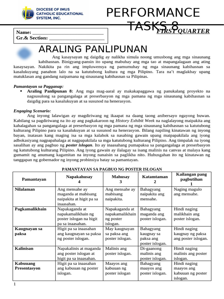 GRADE 8 (AP) PERFORMANCE STANDARD_1ST QUARTER | PDF