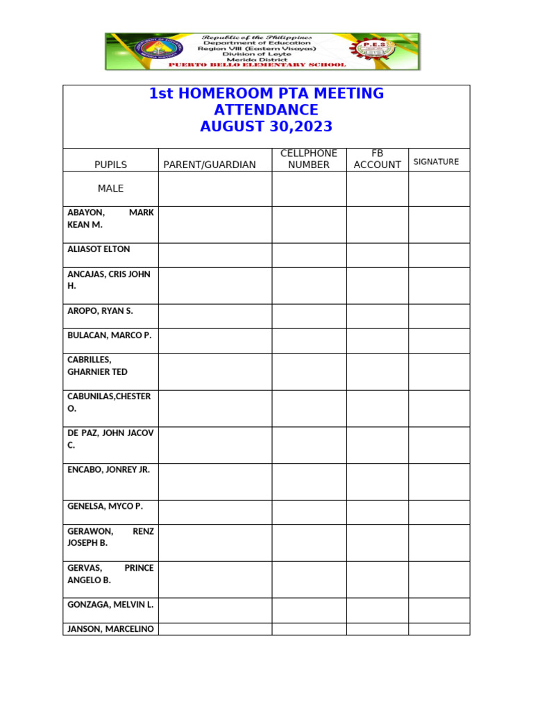 1st HOMEROOM PTA MEETING ATTENDANCE SHEET | PDF