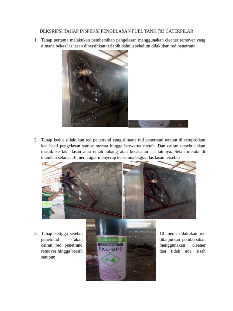 Deksripsi Tahap Inspeksi Pengelasan Fuel Tank 793 Caterpilar | PDF