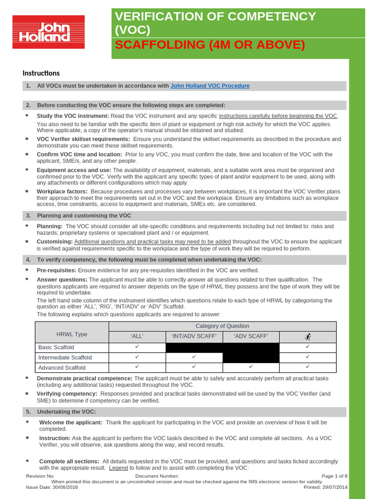 JH FRM Pae 005 19 Verification of Competency Voc Scaffolding | PDF