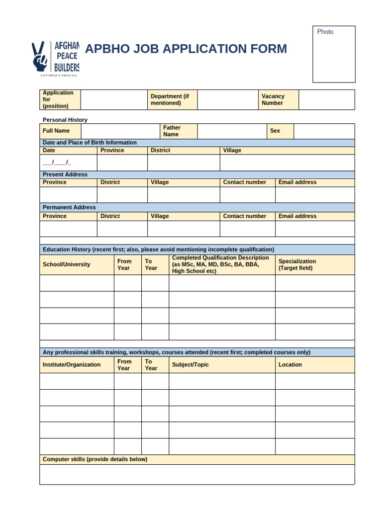 APBHO Job Application Form | PDF | Career & Growth