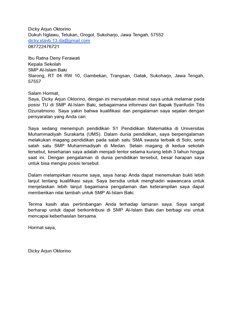 Dicky - Surat Lamaran SMP Al-Islam Baki | PDF