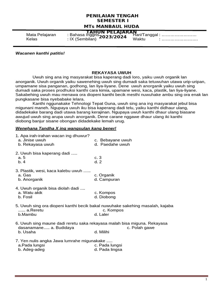 PTS B.JAWA KELAS 9 | PDF