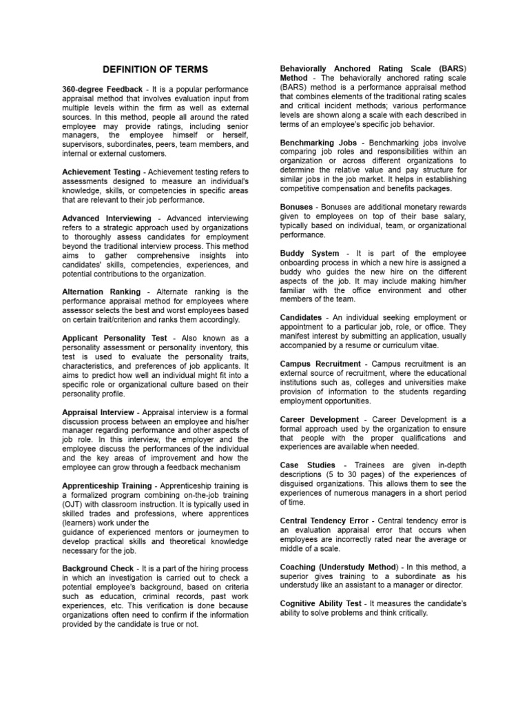 DEFINITION OF TERMS HR TERMS | PDF