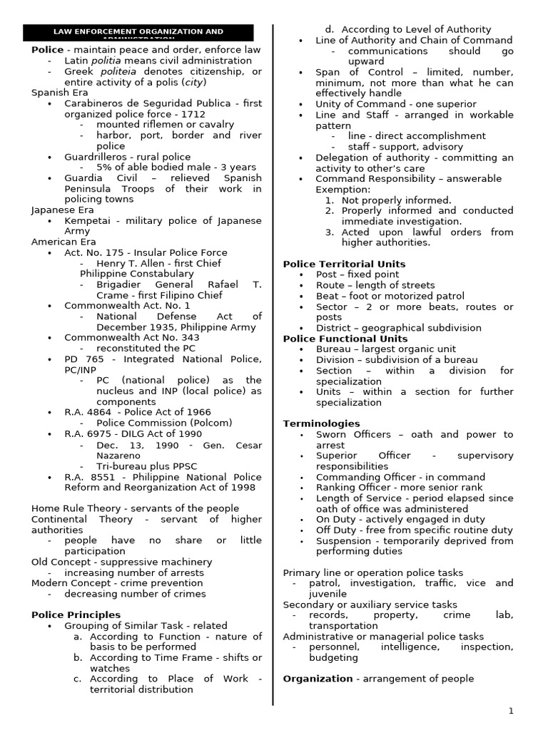 Summary Notes - Law Enforcement Administration | PDF