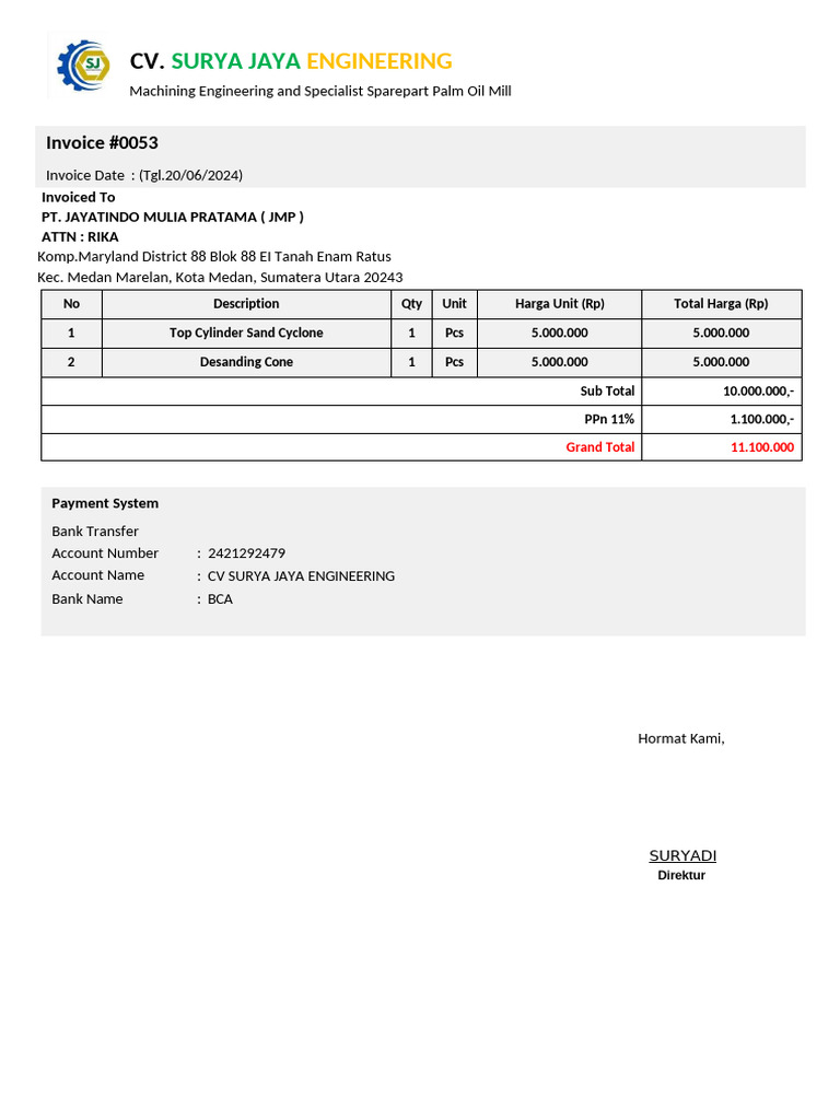 Invoice CV Sje 0053 PT Jayatindo Mulia Pratama 20-07-2024 | PDF