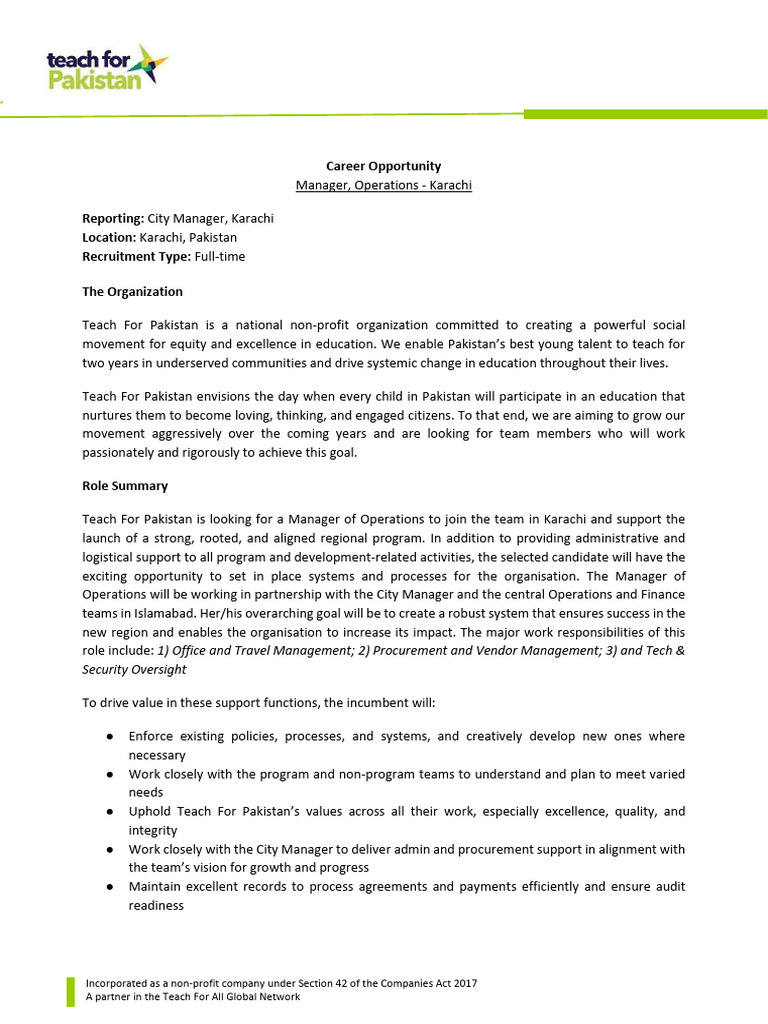 JD L Manager Operations Karachi Teach For Pakistan | PDF