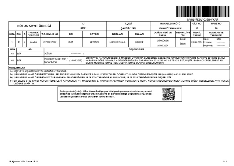 Nufus-Kayit-Ornegi 2 | PDF