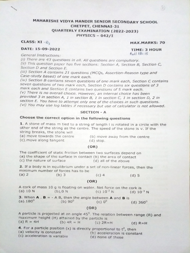 physics class 11 quaterly question paper 2022-2023 | PDF