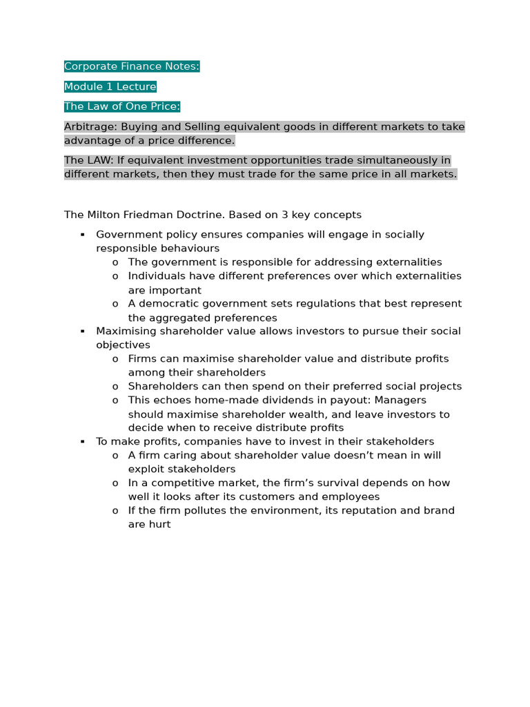 Corporate Finance Notes Weeks 1-3 | PDF
