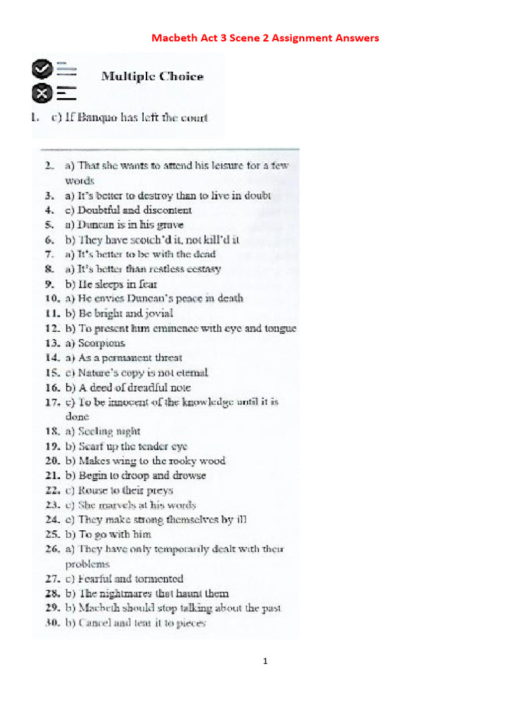 Macbeth Act 3 Scene 2 Assignment Answers | PDF