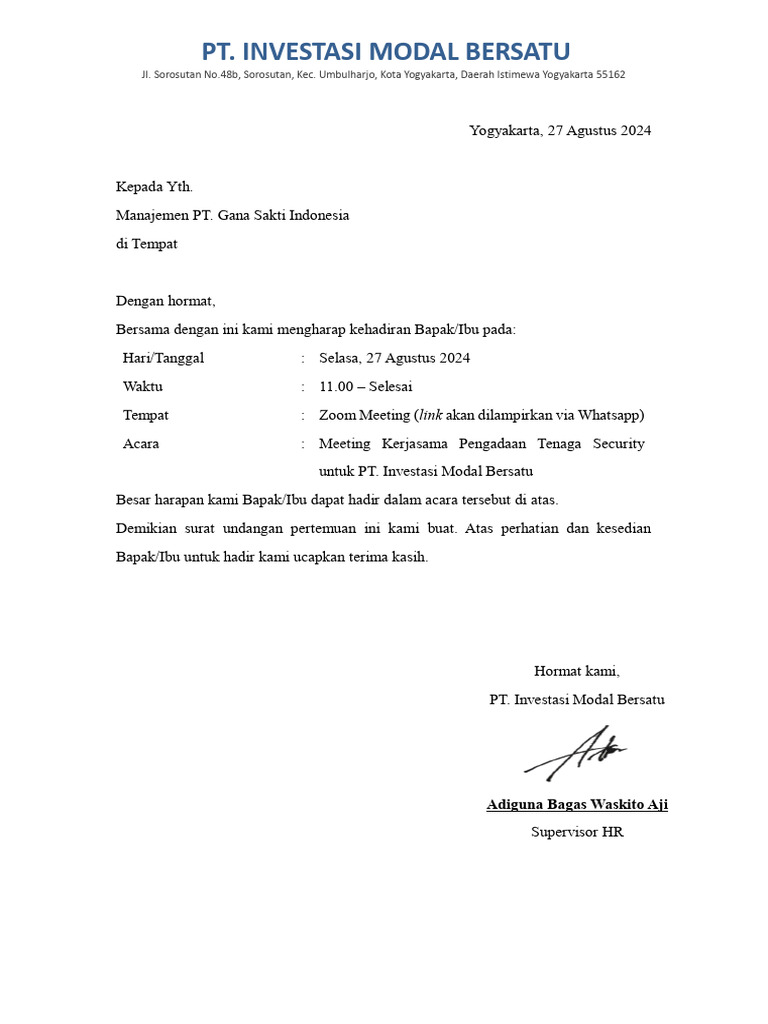 Surat Undangan Meeting Vendor Security | PDF