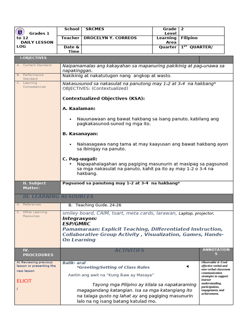 Filipino 2 Pagsunod Sa Panuto Final | PDF
