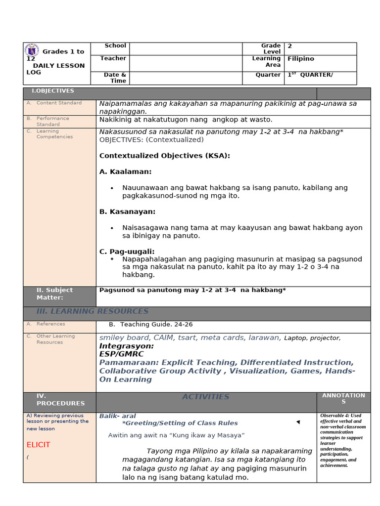 Filipino 2 Pagsunod Sa Panuto | PDF