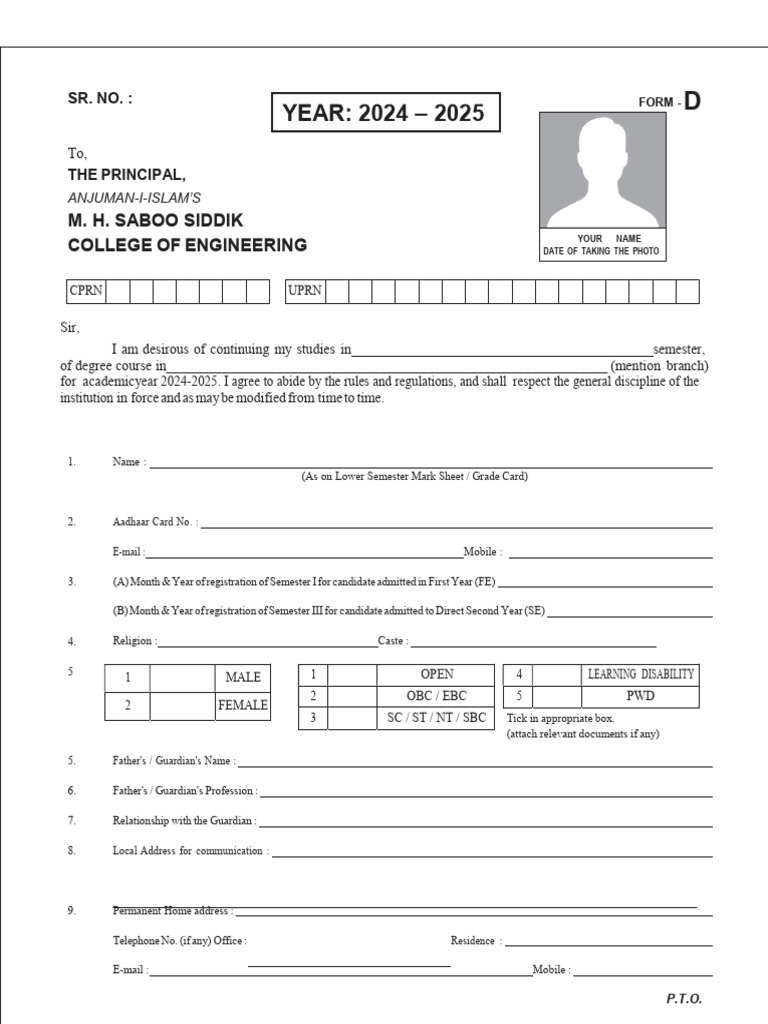 Engineering Admission Form 2024-2025 | PDF