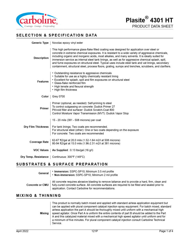 Plasite 4301 HT PDS | PDF
