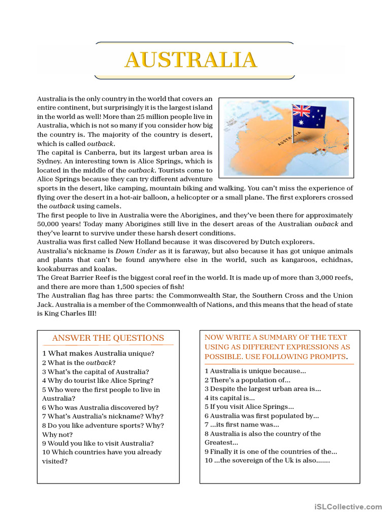 Australia - Reading Comprehension and Writing | PDF