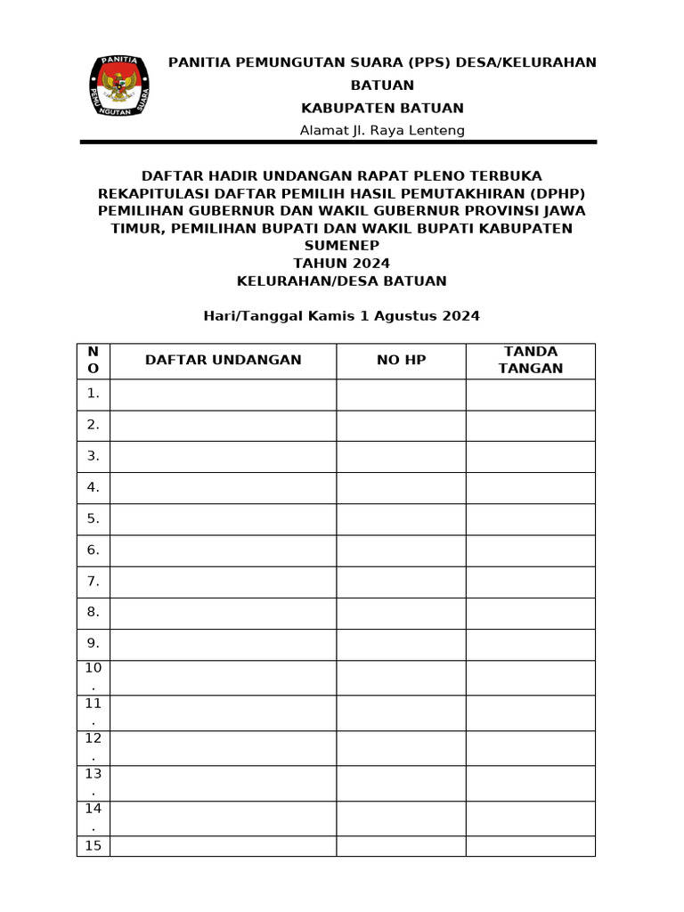 Draft Daftar Hadir Rapat Pleno DPHP | PDF