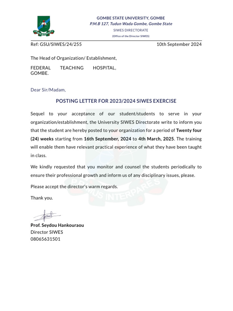 RAHIMA IBRAHIM MUHAMMAD SIWES Posting Letter | PDF | Career & Growth ...