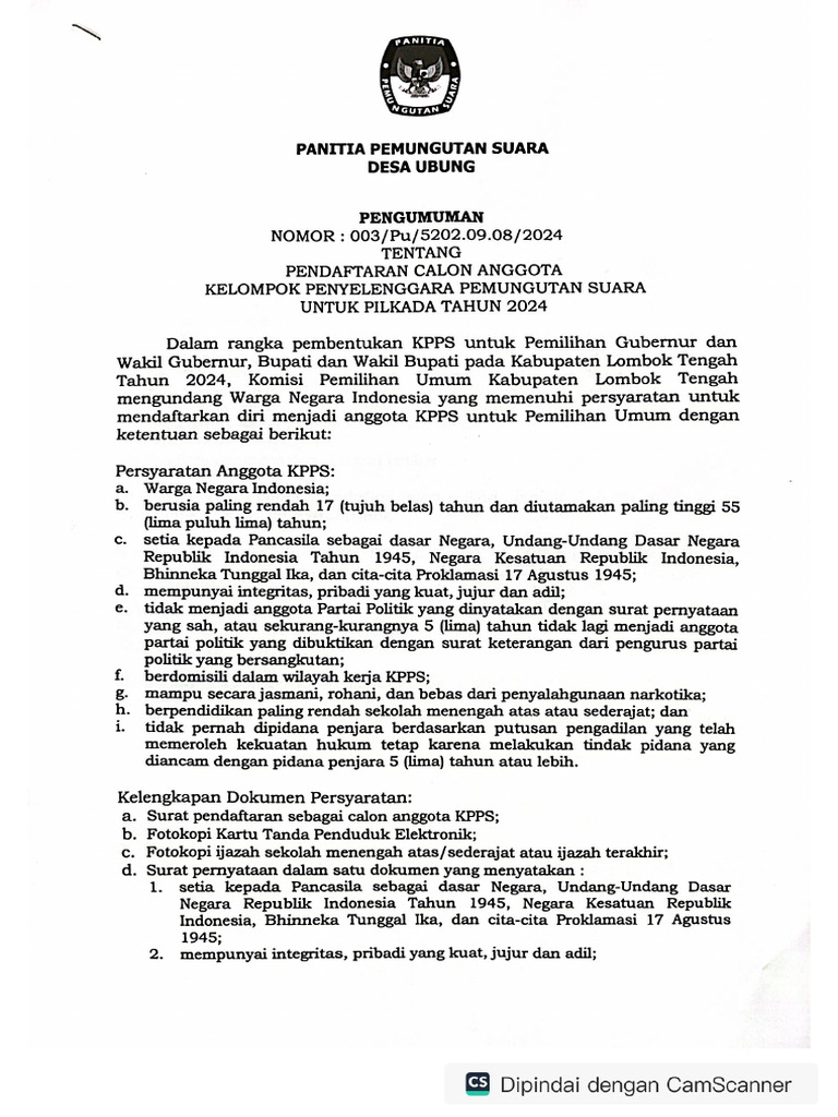 Pengumuman Pendaftaran KPPS | PDF