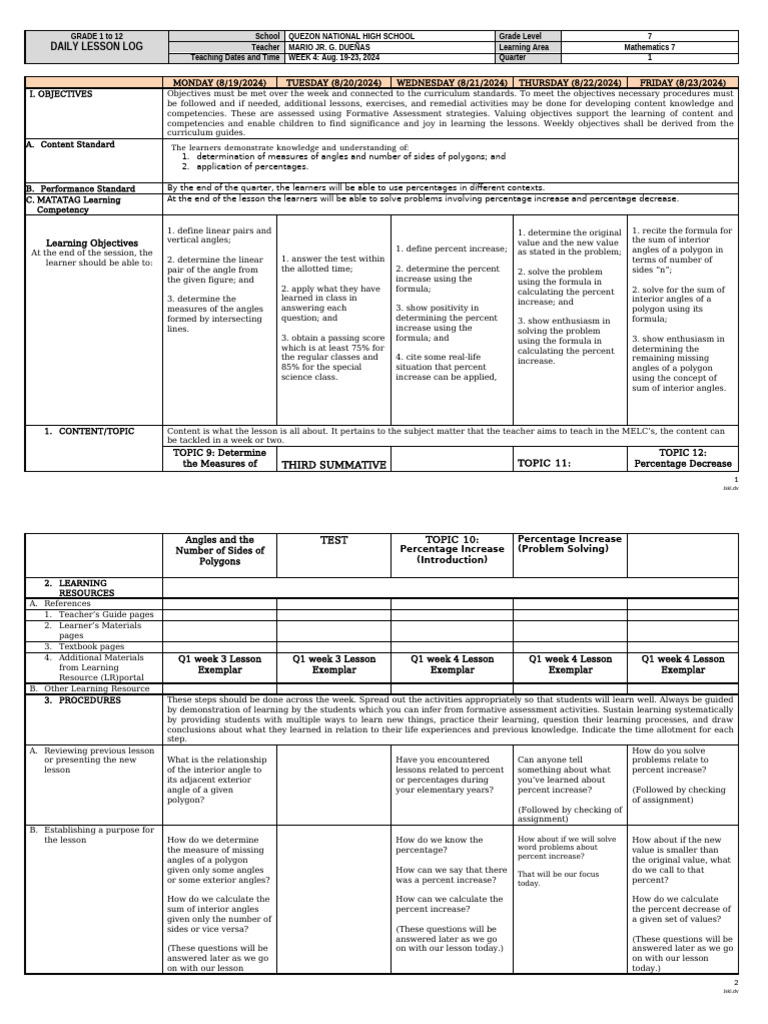 Grade 7 Math DLL: Week 4 Overview | PDF | Learning | Curriculum