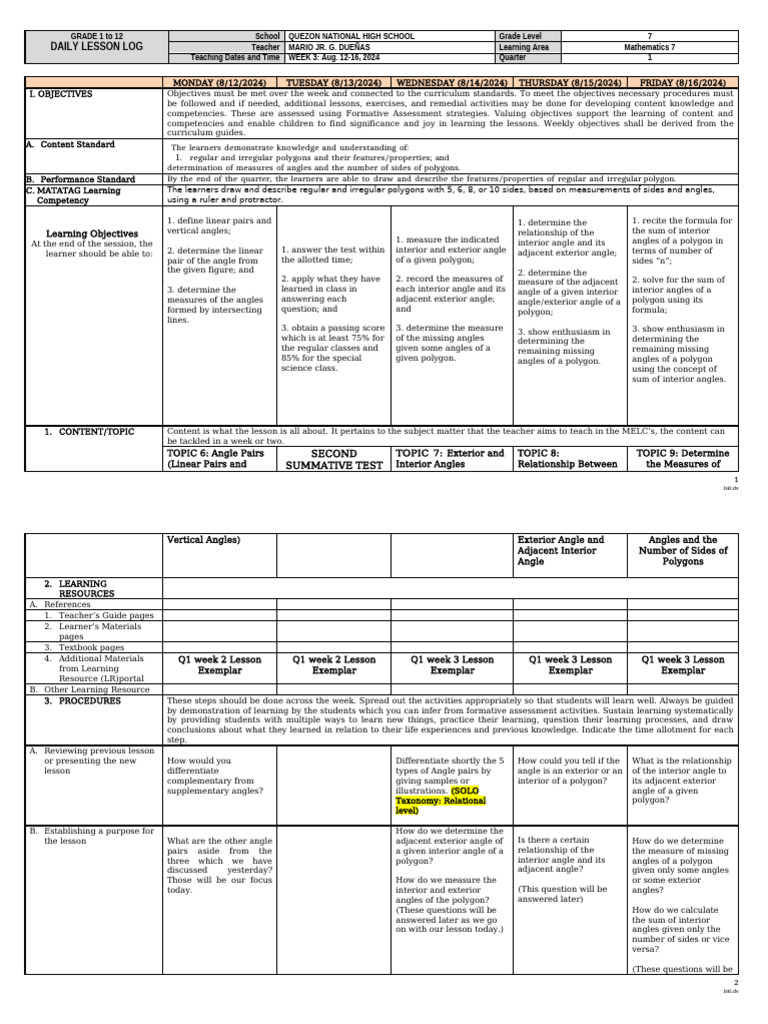 Grade 7 Math Lesson Plan | PDF | Angle | Polygon
