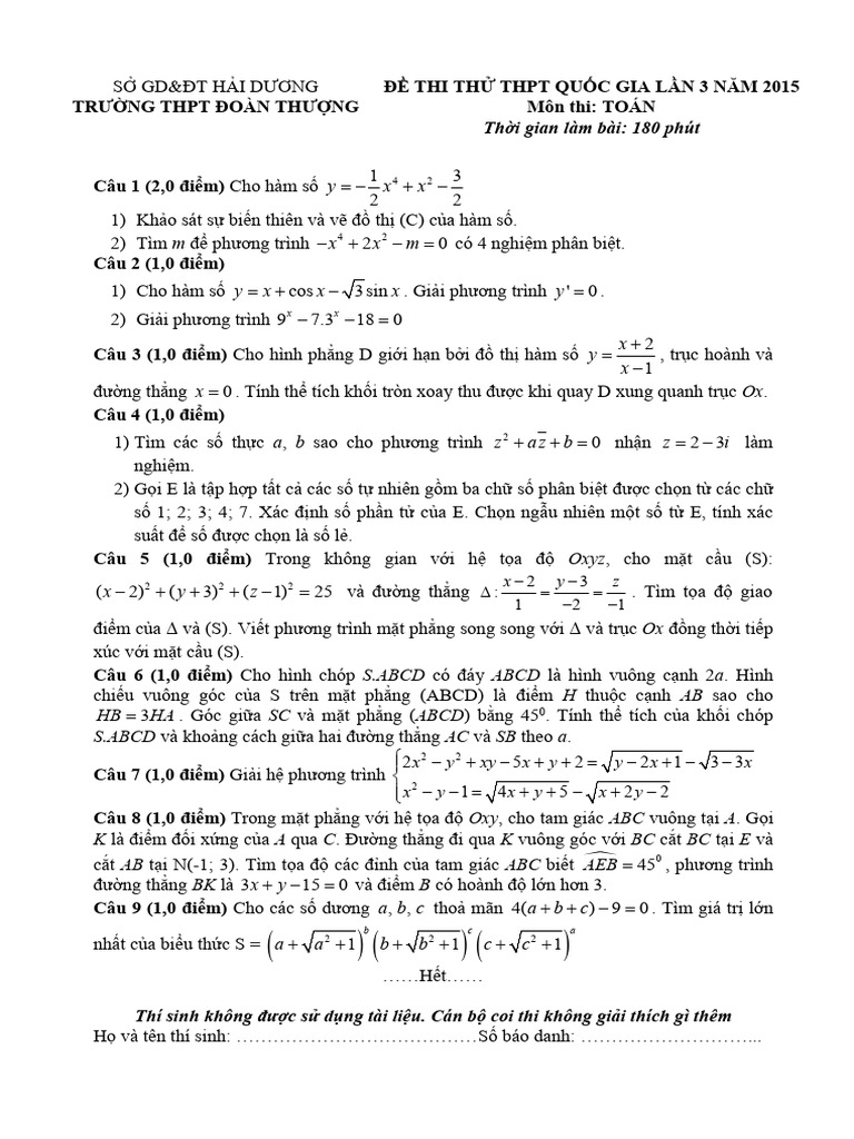 De Thi Thu THPT Quoc Gia 2015 Mon Toan Truong Doan Thuong Hai Duong Lan 3 | PDF