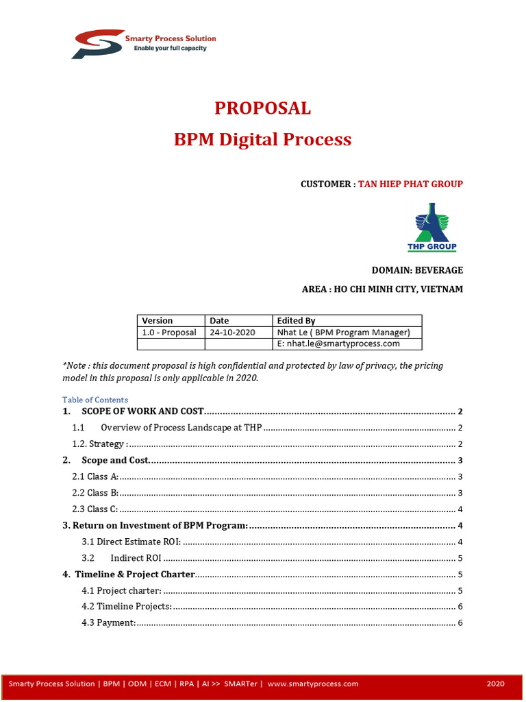 THP _ Cost and ROI & Project Charter _ BPM 2020 | PDF