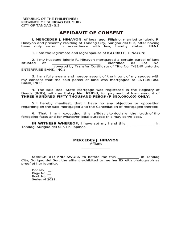 Affidavit of Consent and No Objection-Mercedes Hinayon | PDF