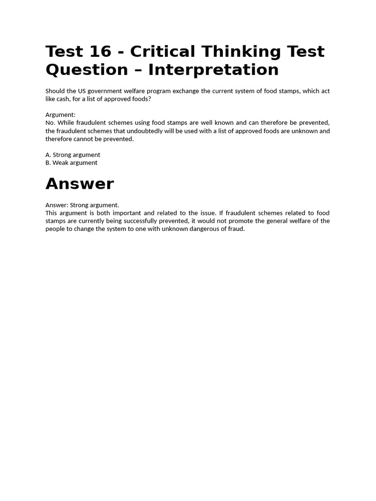 Test 16 - Critical Thinking Test - Interpretation | PDF